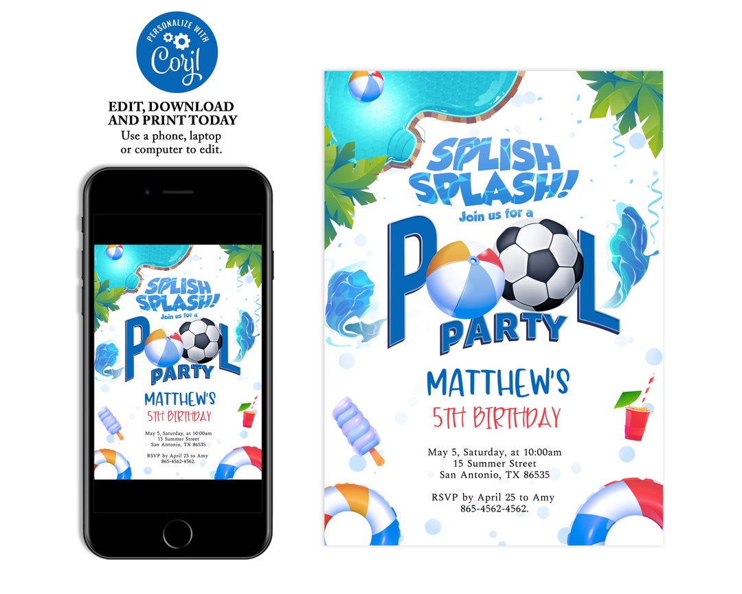 Soccer Pool Party Invitation, Pool Birthday Invitation Boy, Soccer ...