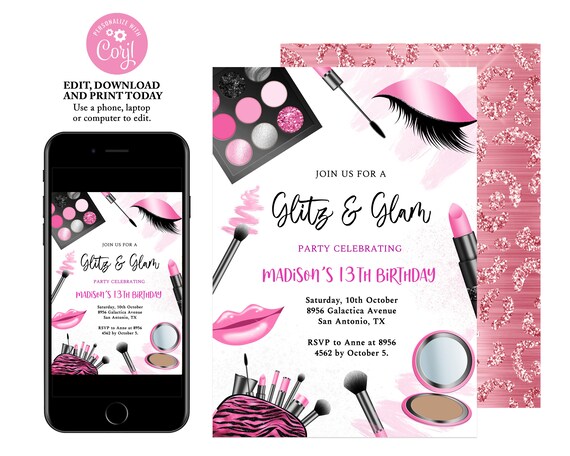 Makeup Birthday Party Invitation Editable Glitz and Glam | Etsy