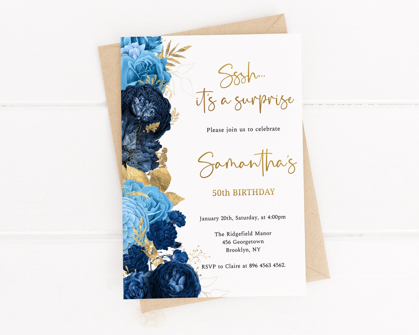Blue and Gold Floral Birthday Invitation, Birthday Invitations for ...