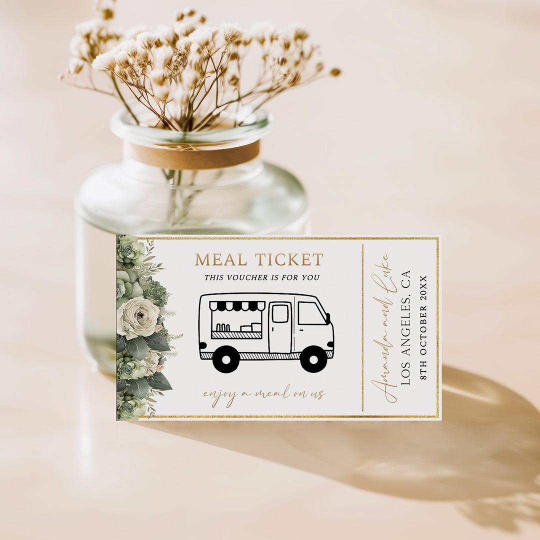 Sage Green and Gold Modern Food Truck Ticket Template, Minimal Wedding ...