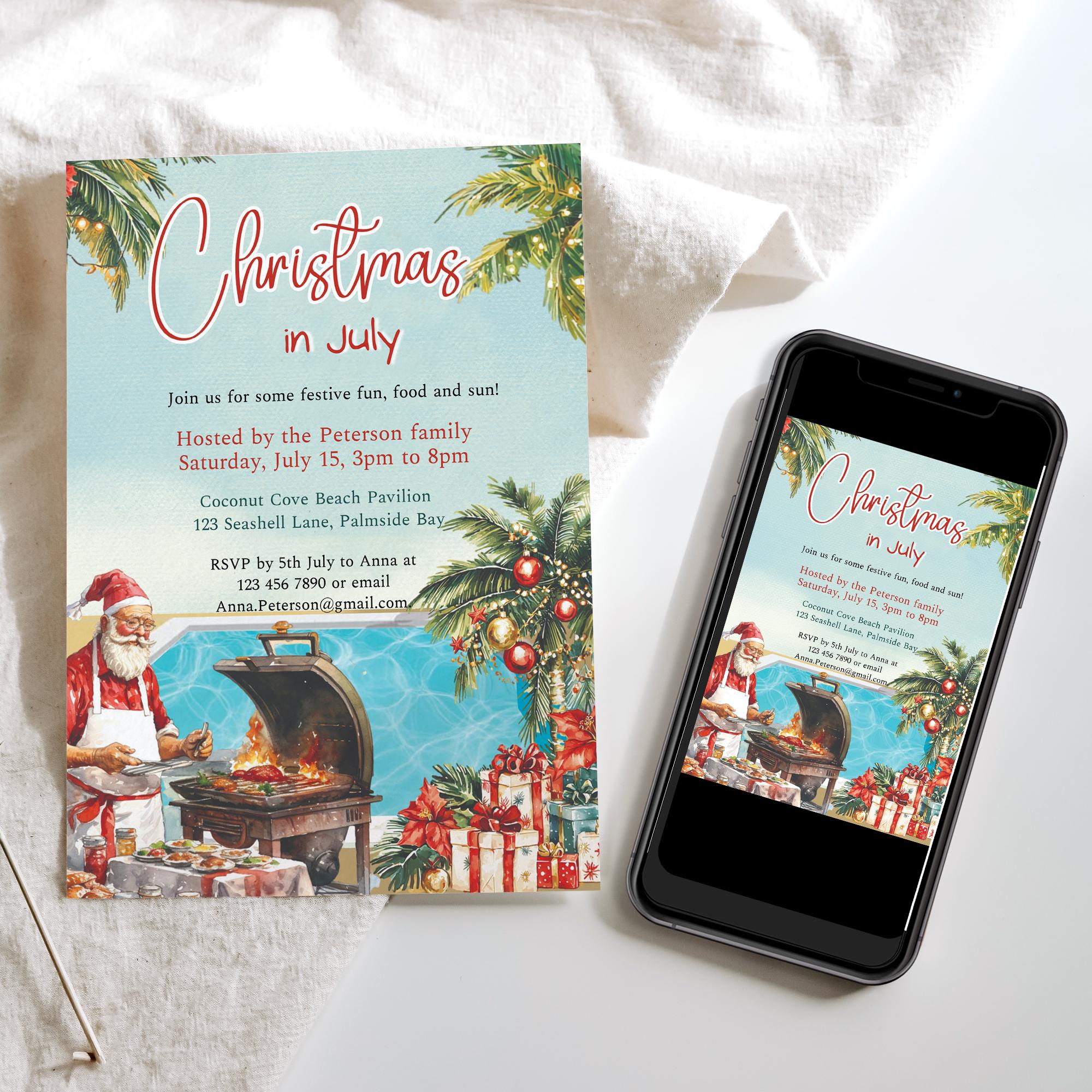 Printable Christmas in July Invitation, Editable Santa BBQ Pool Party ...