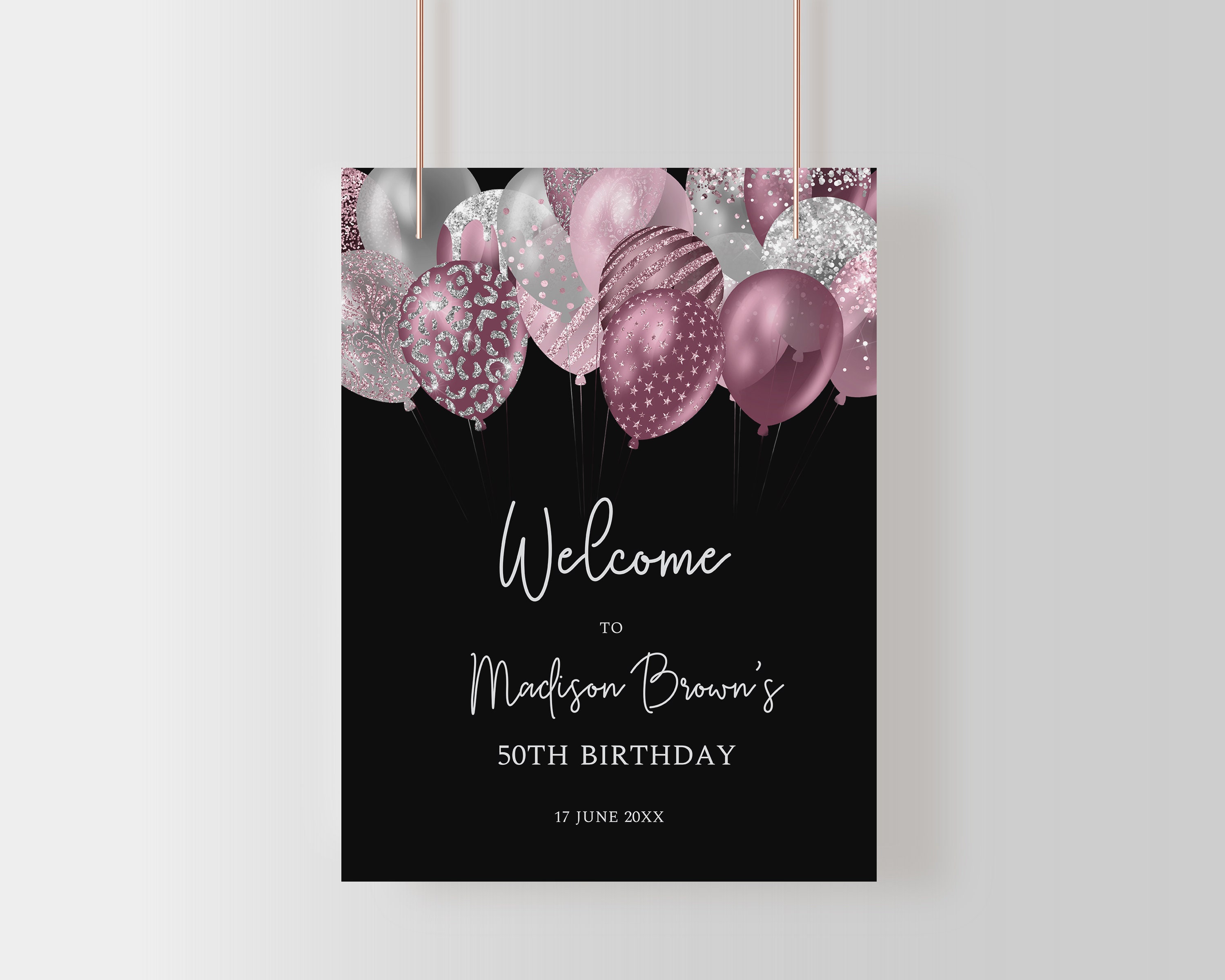 Mauve and Silver Balloons Welcome Sign, Dusty Pink Birthday Welcome ...