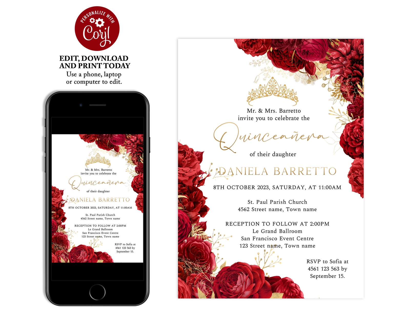 Red and Gold Quinceanera Invitation, Floral Quince Anos, 15th Birthday ...