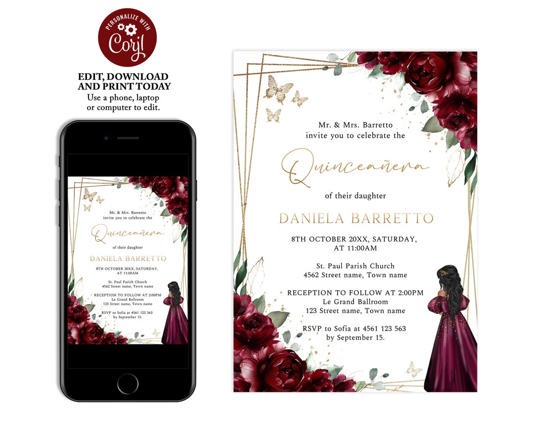 Burgundy and Gold Quinceanera Invitation, Floral Quince Anos, 15th ...