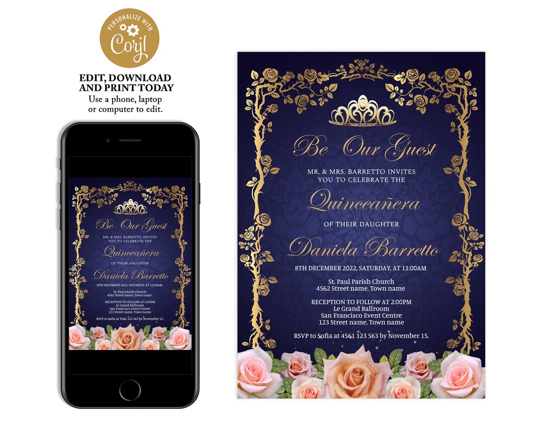 Navy Blue, Pink and Gold Quinceanera Invitation, Floral Quince Anos ...