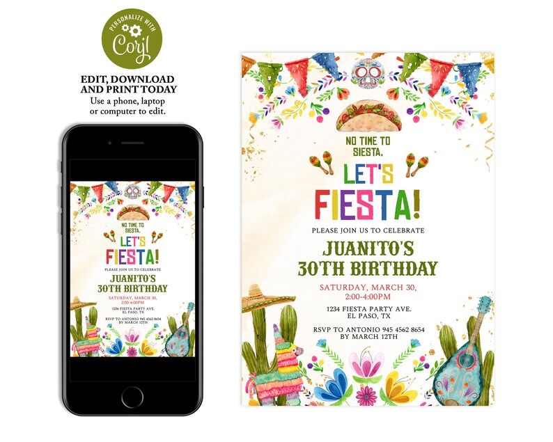 Fiesta Birthday Party Invitation, Mexican Theme Party Printable Invite ...