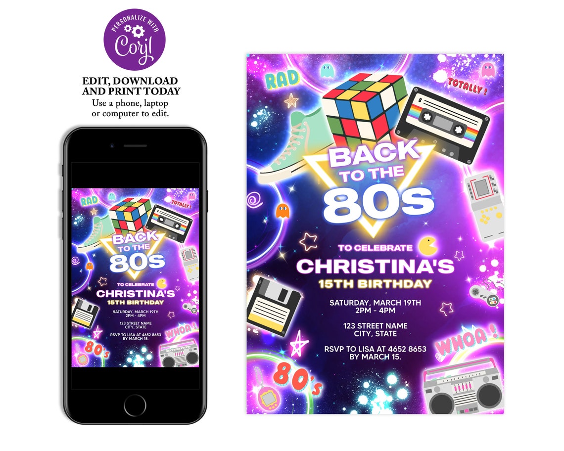 80s Birthday Invitation 80s Neon Theme Invitation 80s - Etsy