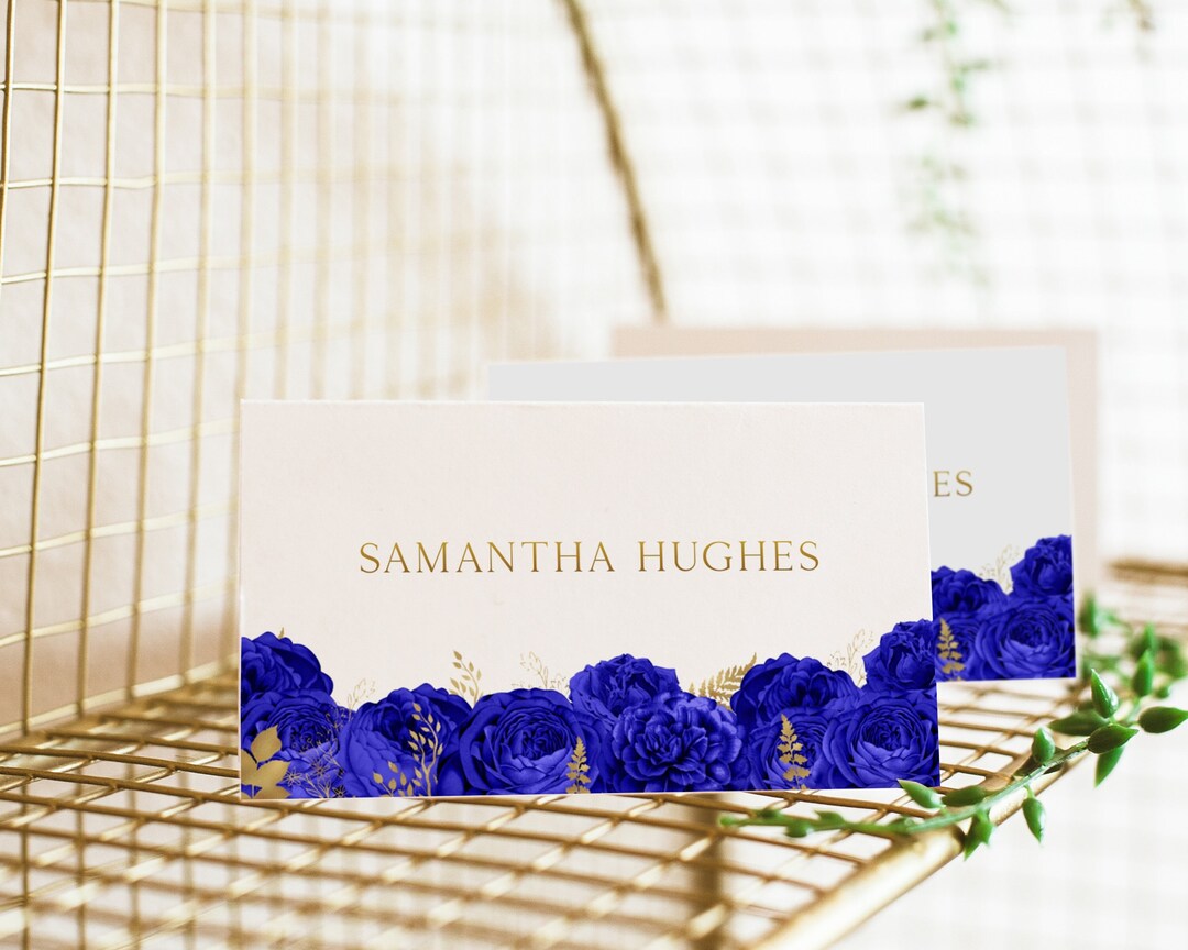 Royal Blue and Gold Place Card, Floral Place Card, Blue Flowers Escort ...