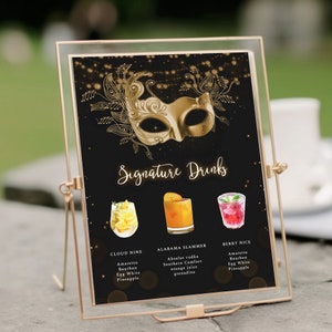 Gold and Black Masquerade Bar Menu Sign, Mardi Gras Signature Drinks ...