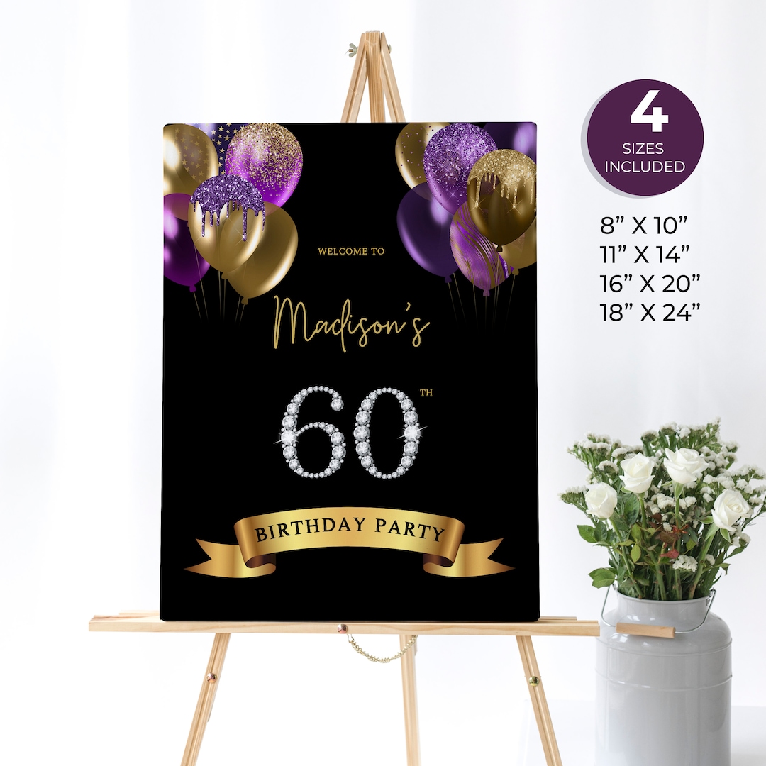 60th Purple and Gold Balloons Welcome Sign, Birthday Welcome Sign ...