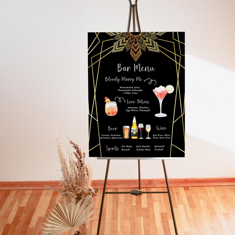 Gatsby Bar Menu Sign, Signature Drinks Sign, Cocktail Menu, Roaring 20 ...