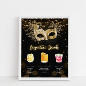 Gold and Black Masquerade Bar Menu Sign, Mardi Gras Signature Drinks ...