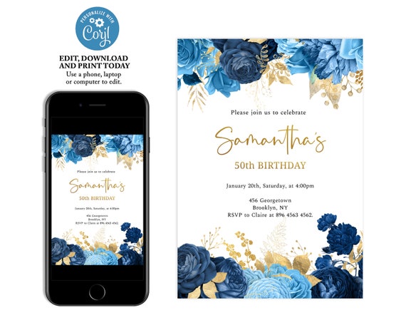 Blue and Gold Floral Birthday Invitation Navy Blue Invitation - Etsy