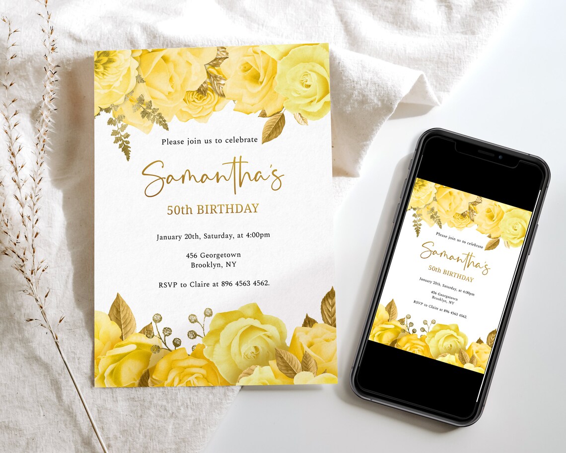 Yellow and Gold Floral Birthday Invitation, Birthday Invitation for ...