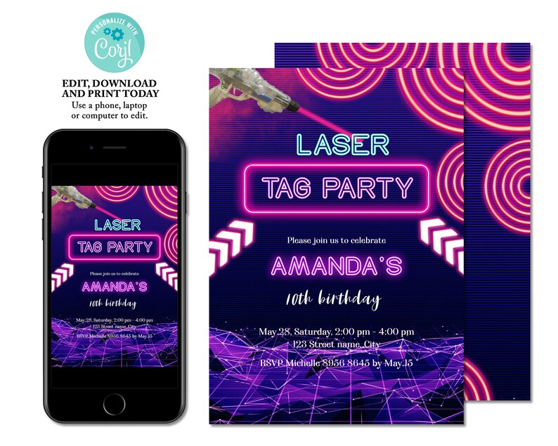 Laser Tag Birthday Invitation, Laser Tag Invitation, Girl Birthday ...