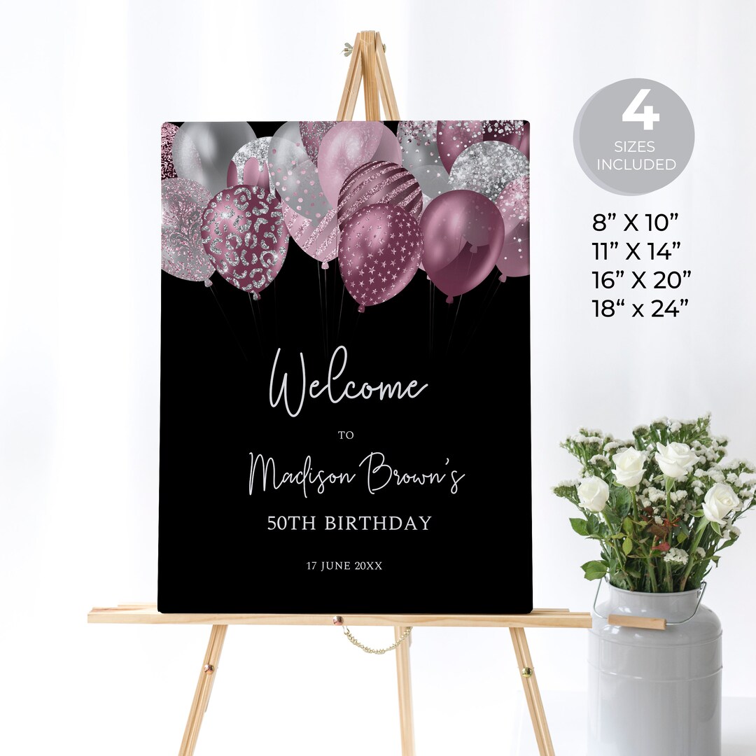 Mauve and Silver Balloons Welcome Sign, Dusty Pink Birthday Welcome ...