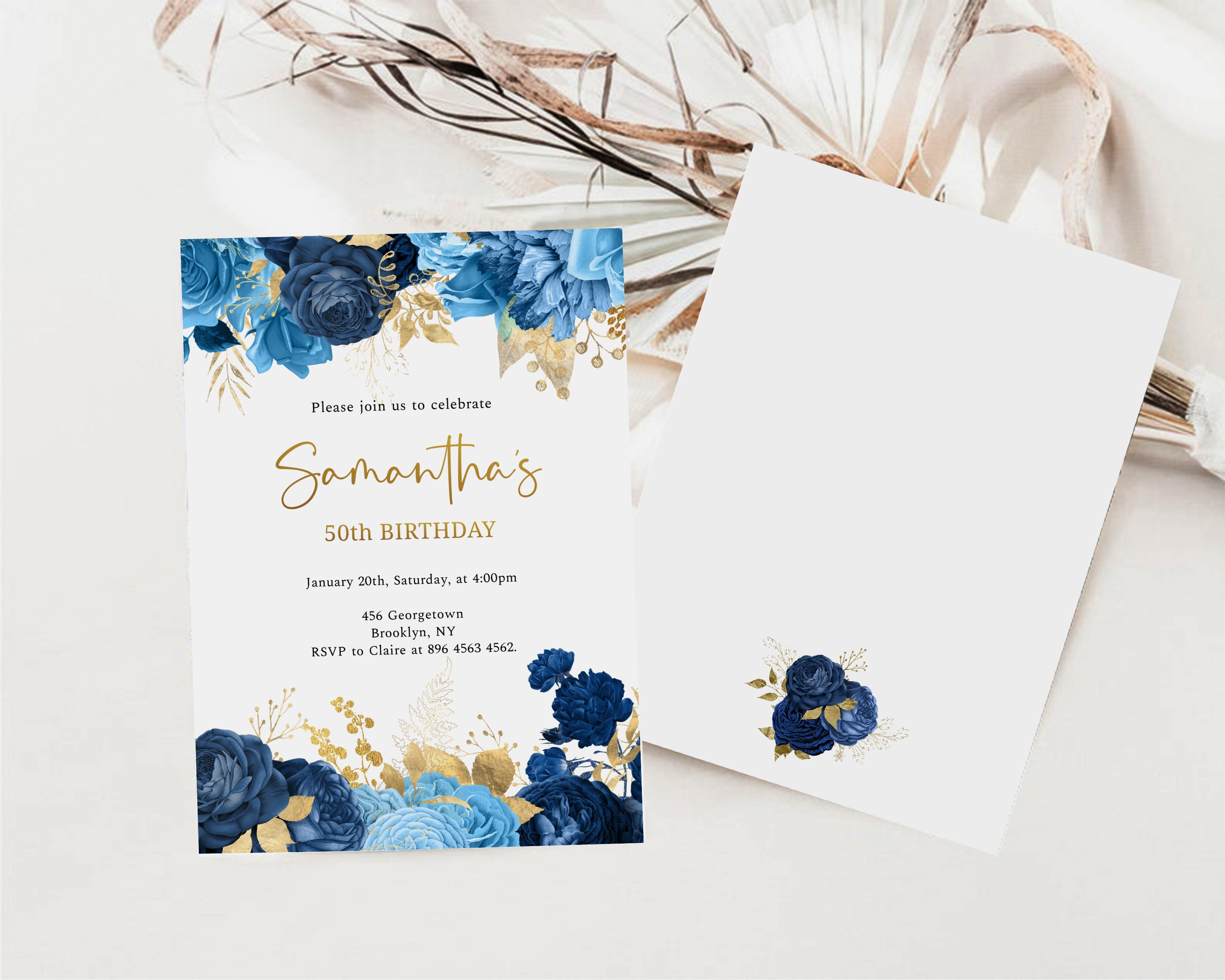 Invitación de cumpleaños floral azul y oro invitación azul - Etsy España