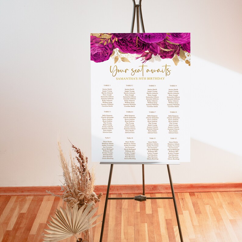 Hot Pink and Gold Floral Seating Sign, Fuschia Magenta Seating Chart ...