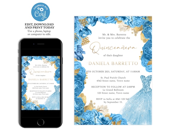 Light Blue and Gold Quinceanera Invitation Floral Quince - Etsy