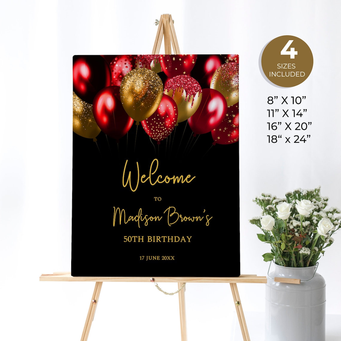 Red and Gold Balloons Welcome Sign, Birthday Welcome Sign, Surprise ...