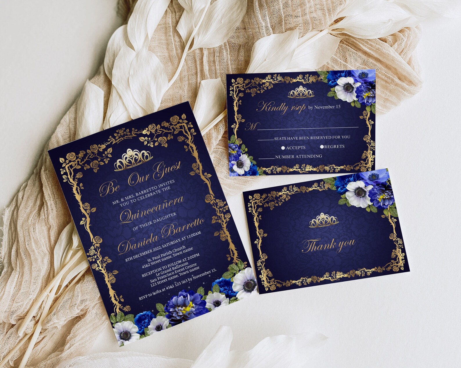 Navy Blue and Gold Quinceanera Invitation Set Floral Quince - Etsy