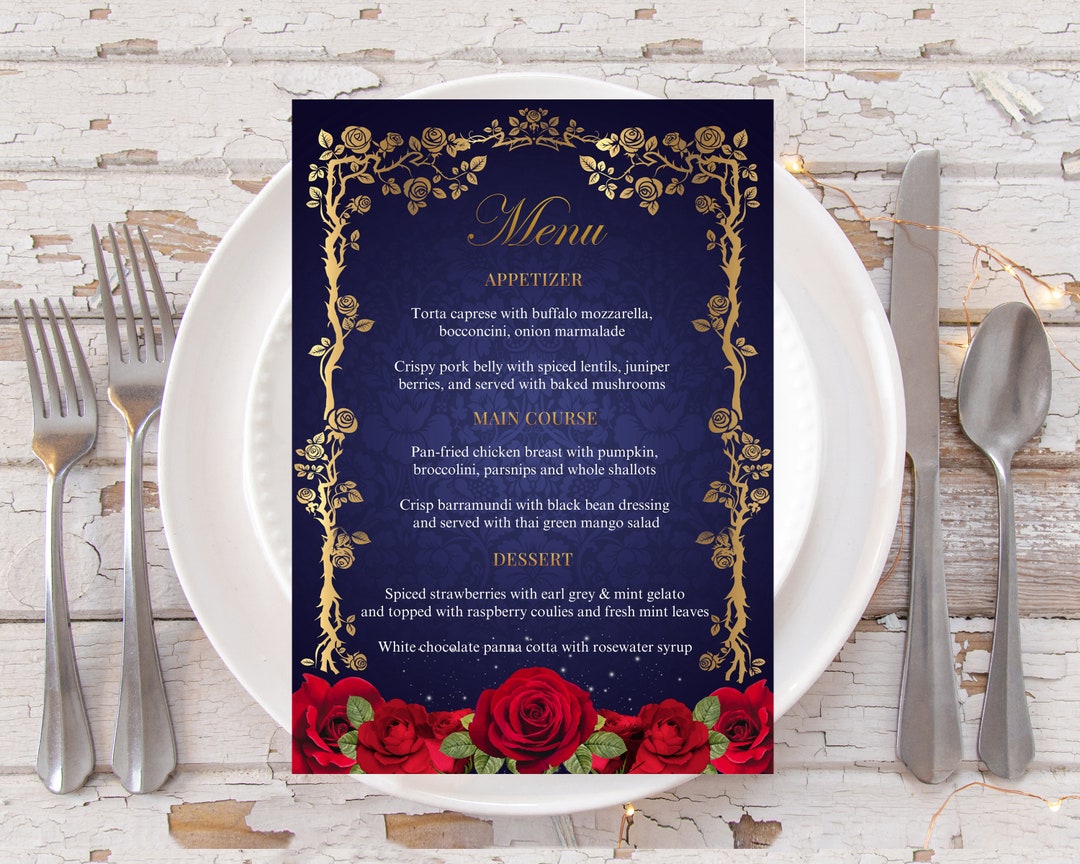 Navy Blue, Red and Gold Birthday Menu, Floral Quince Anos, Birthday ...