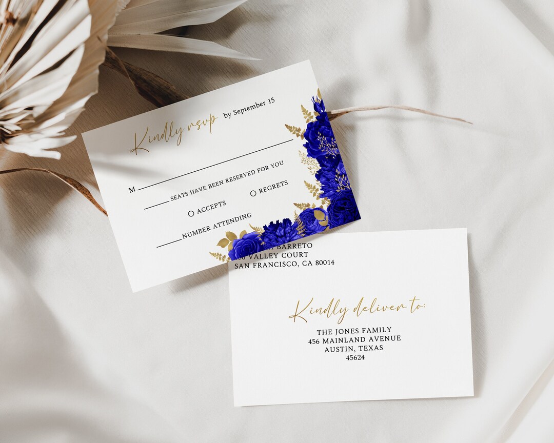 Royal Blue and Gold RSVP Card Template, Adult Birthday RSVP, Floral ...
