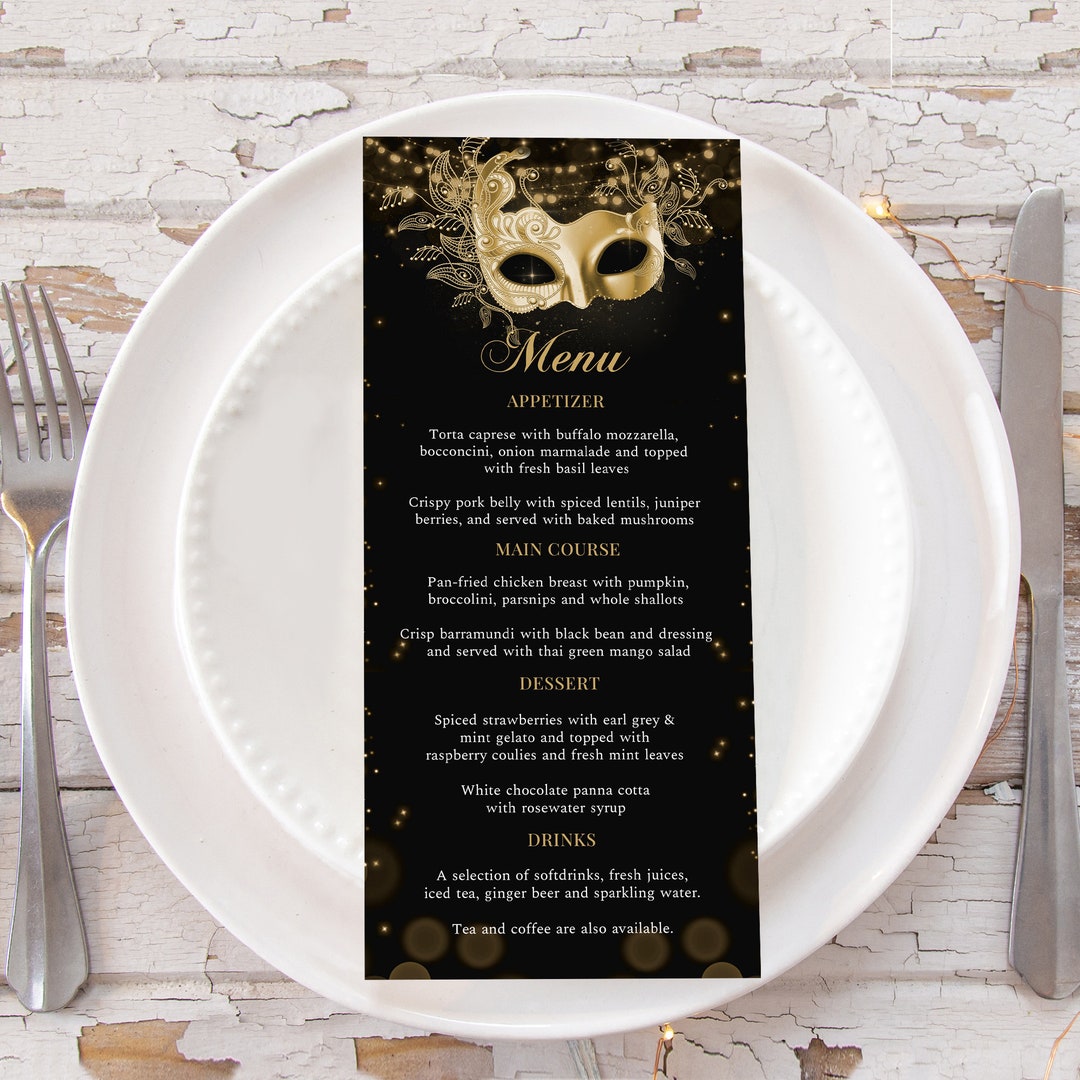 Black and Gold Masquerade Menu Template, Masquerade Prom Menu, Mardi ...
