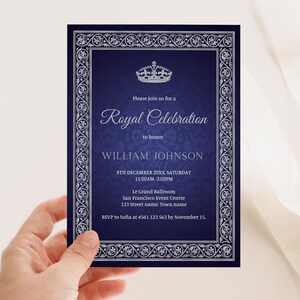 Royal Birthday Party Invitation, Blue and Silver Invitation, Birthday ...