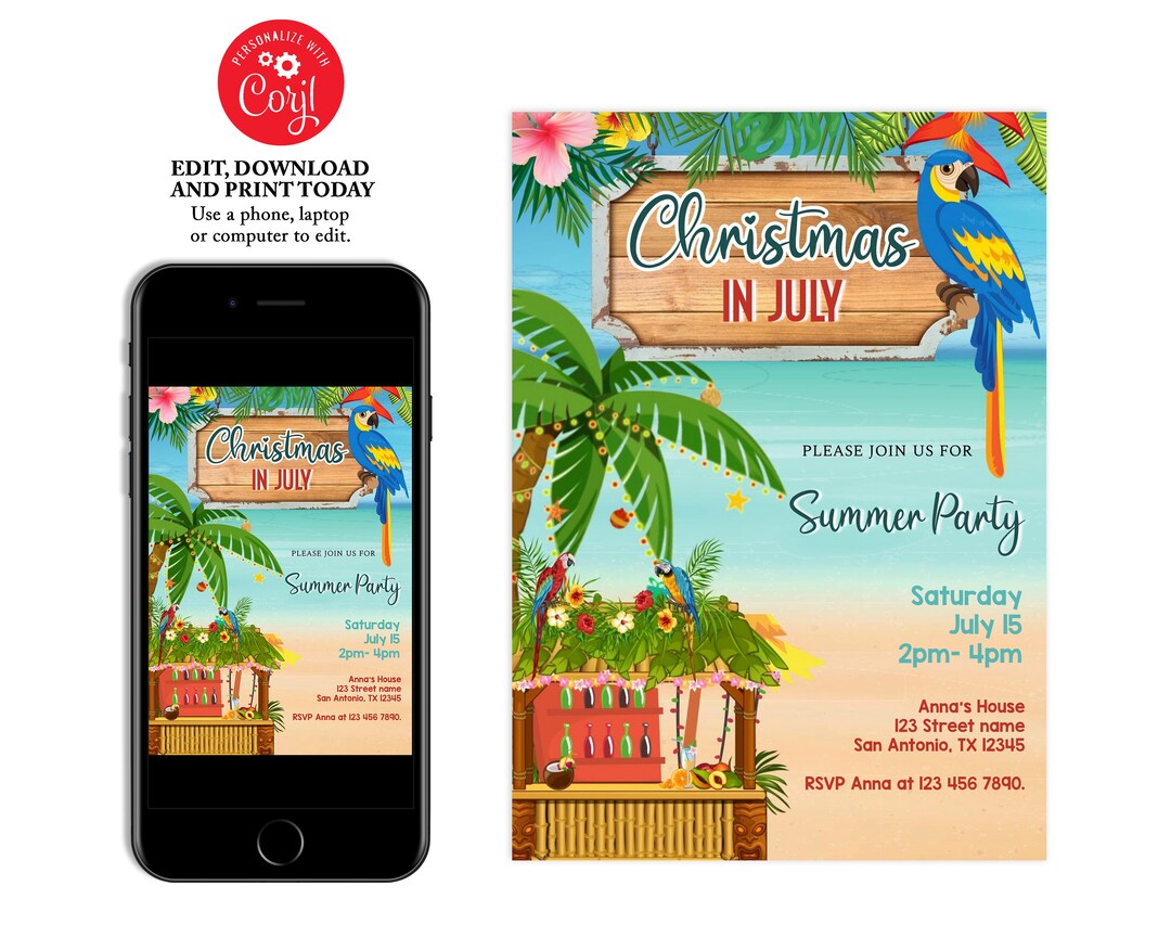 Christmas in July Party Invitation, Summer Party Invite, Editable ...