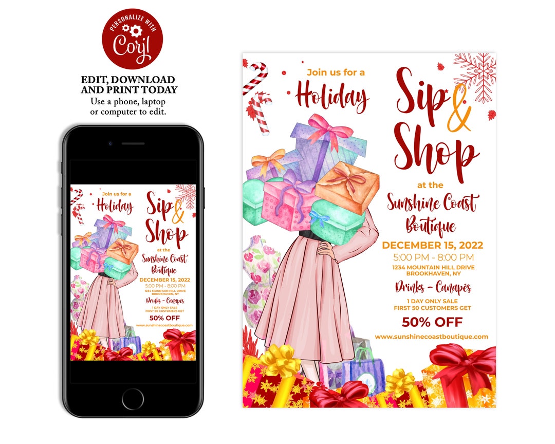 Christmas Sip and Shop Invitation, Winter Holiday Christmas Invite ...