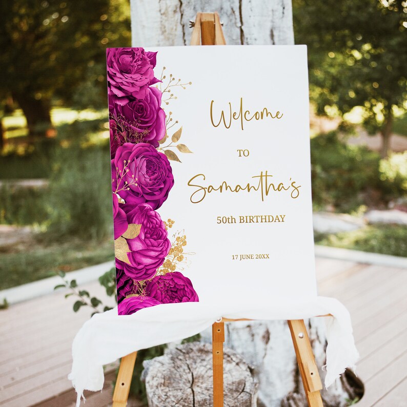 Hot Pink and Gold Floral Welcome Sign, Birthday Welcome Poster ...