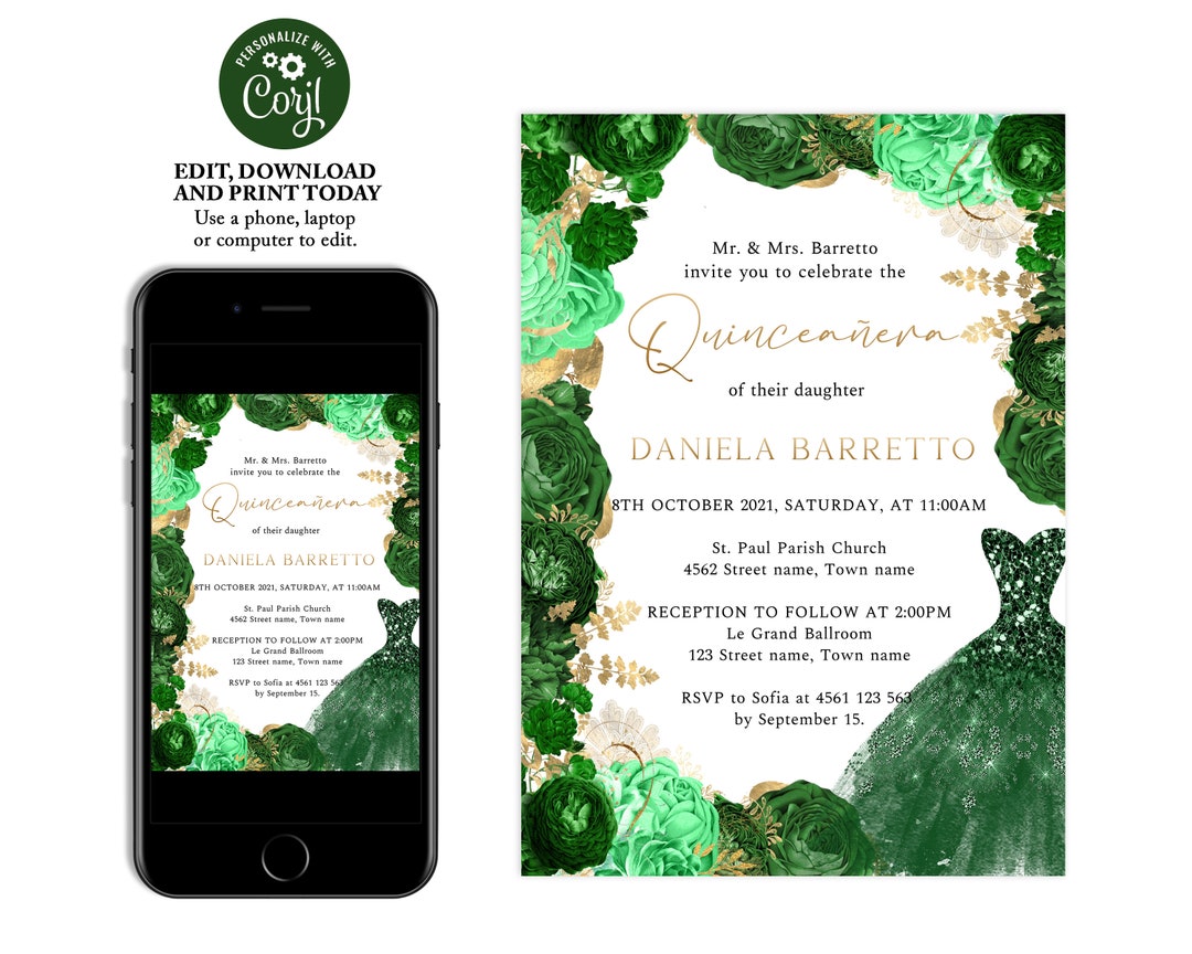 Emerald Green and Gold Quinceanera Invitation, Quince Anos, 15th ...