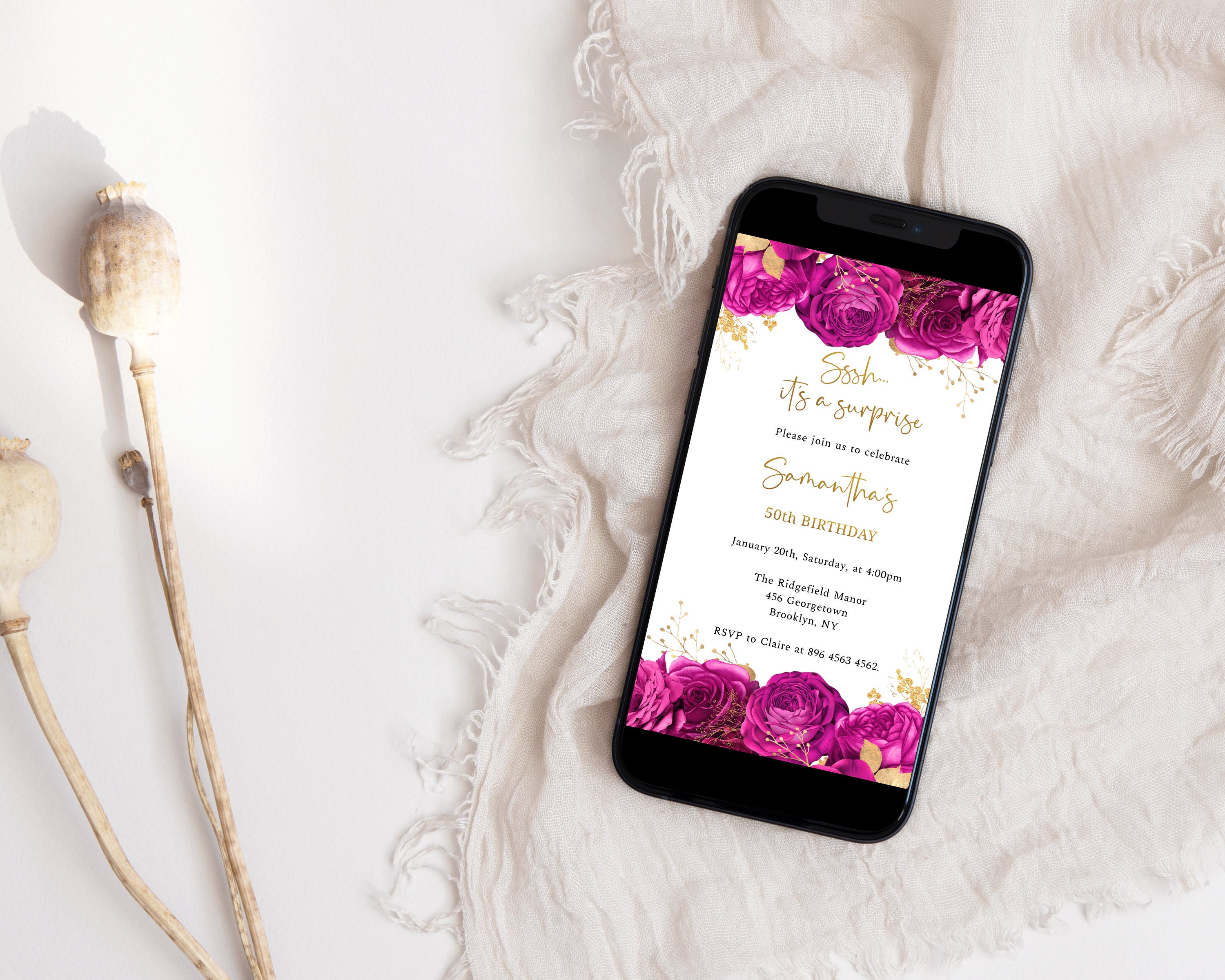 Hot Pink and Gold Floral Text Message Invitation, Surprise Birthday ...