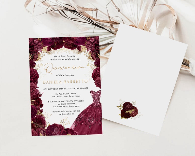 Burgundy and Gold Quinceanera Invitation Floral Quince Anos - Etsy