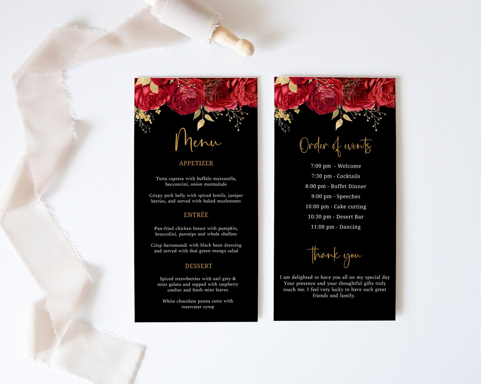 Red and Gold Floral Birthday Program, Birthday Program Template, Menu ...