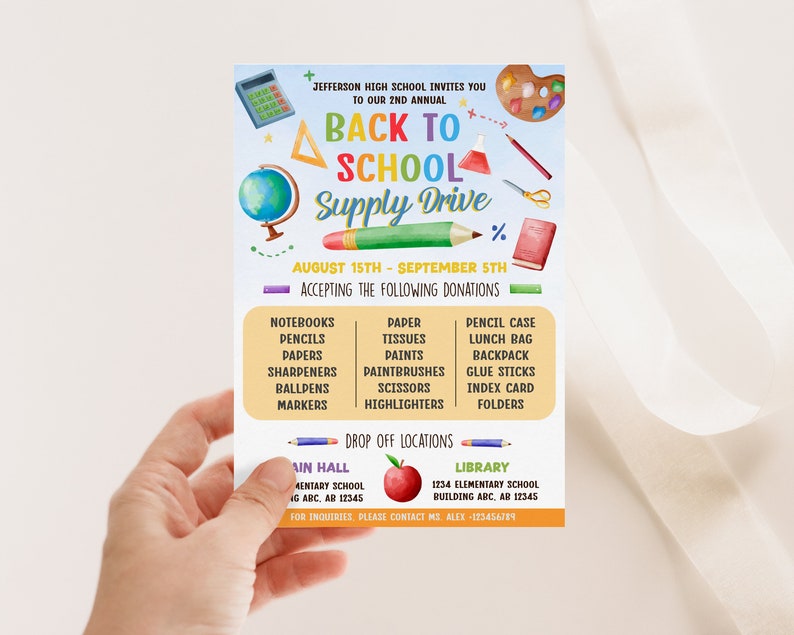 School Supply Drive Flyer, Printable PTA PTO Flyer, School Supplies ...