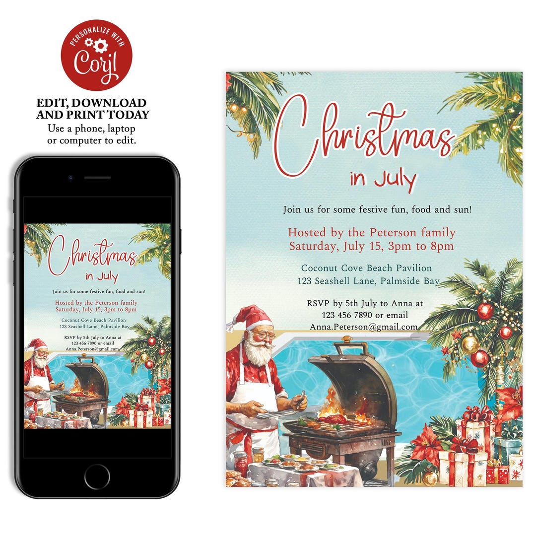 Printable Christmas in July Invitation, Editable Santa BBQ Pool Party ...