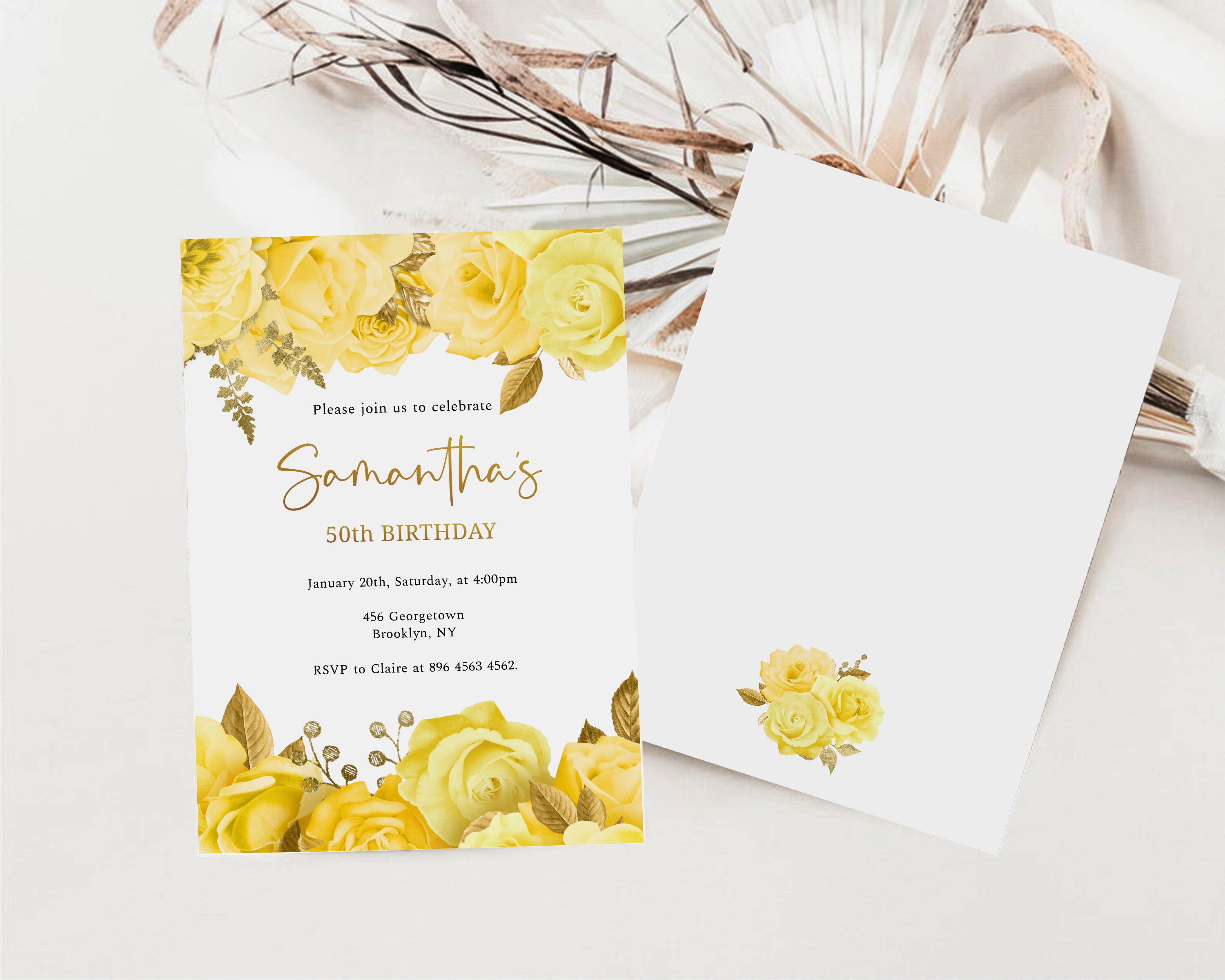 Yellow and Gold Floral Birthday Invitation, Birthday Invitation for ...