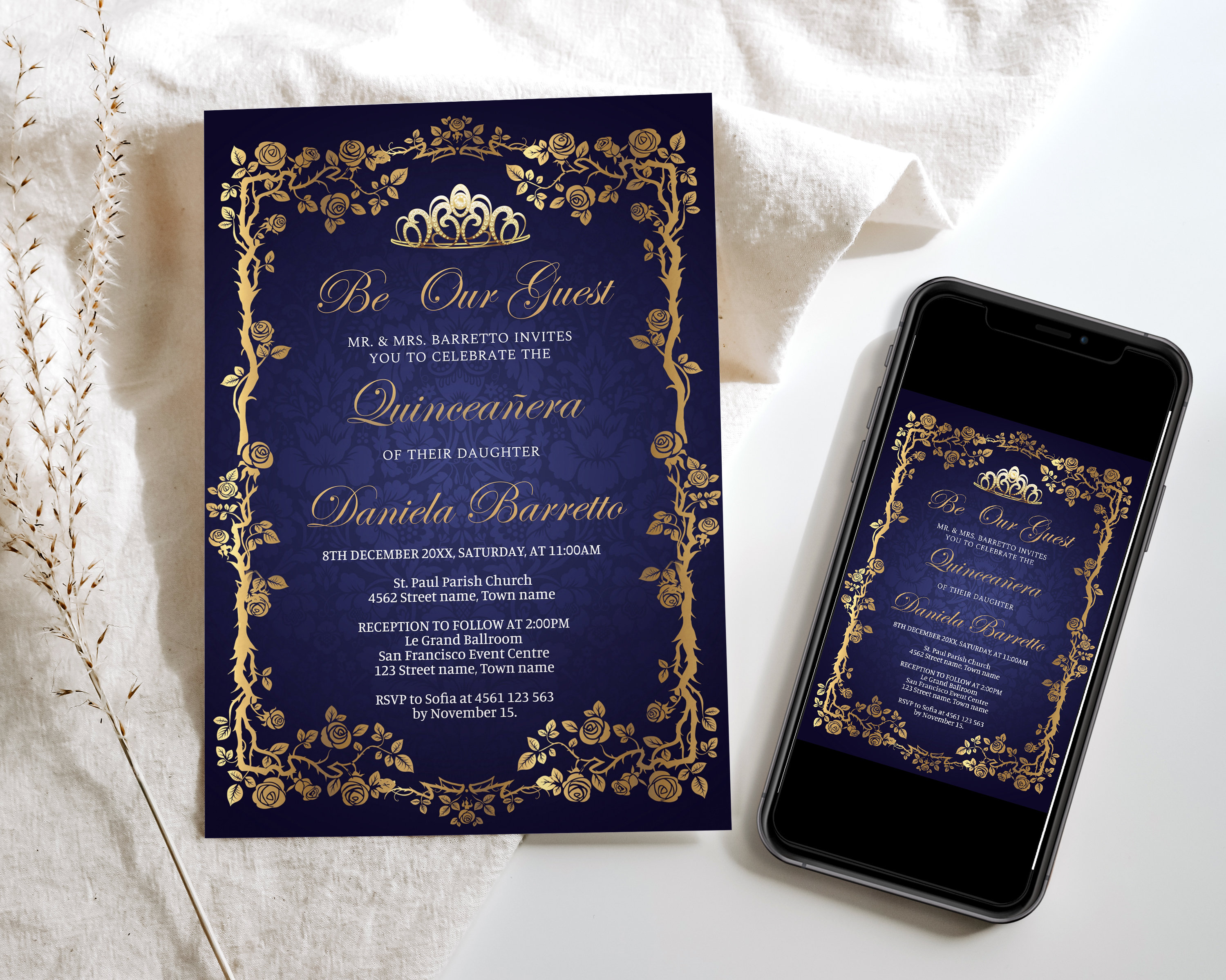 Navy Blue and Gold Quinceanera Invitation, Floral Quince Anos, 15th ...