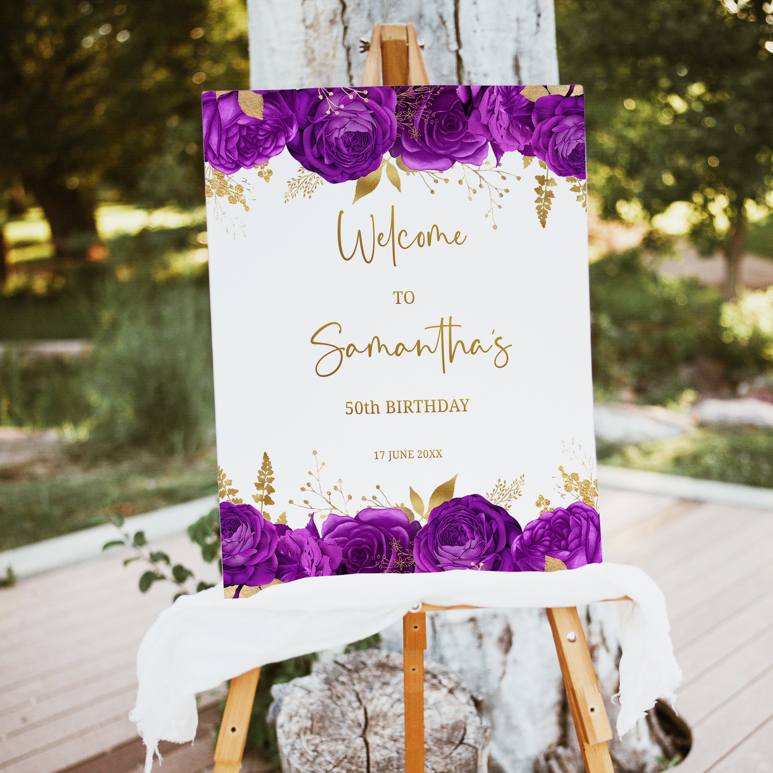 Purple and Gold Floral Welcome Sign, Birthday Welcome Poster, Surprise ...