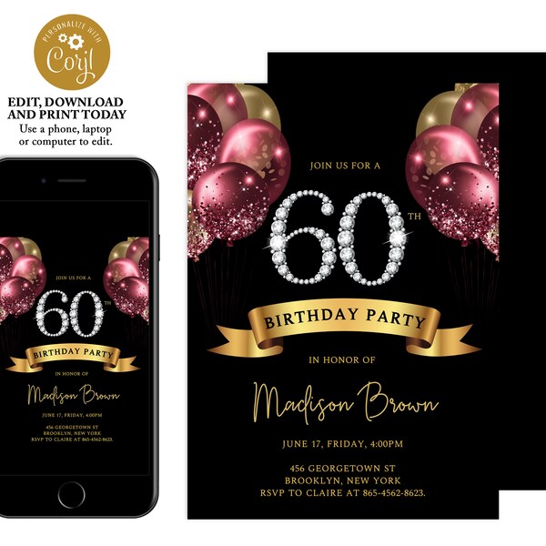 Maroon 60th Birthday Invitation - Etsy