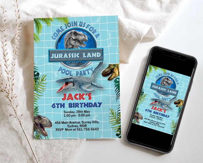 Dinosaur Pool Party Invitation, Dinosaur Birthday Party, Jurassic Pool ...