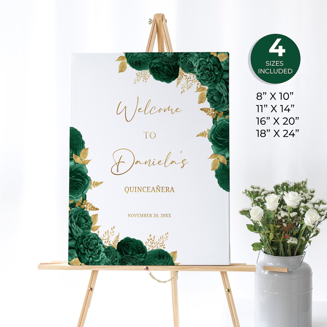 Emerald Green and Gold Floral Welcome Sign, Birthday Welcome Poster ...