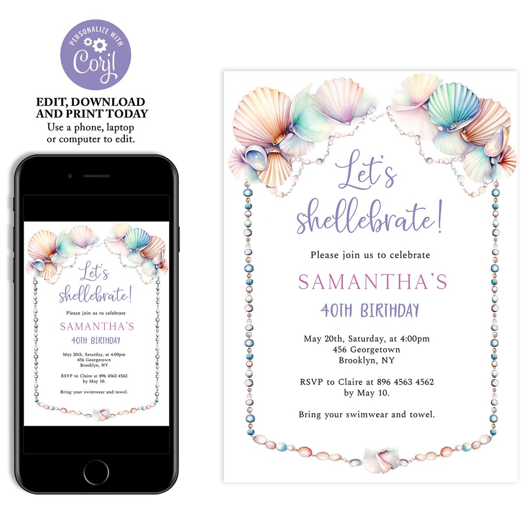 Let's Shellebrate Birthday Invitation, Editable Template, Modern ...