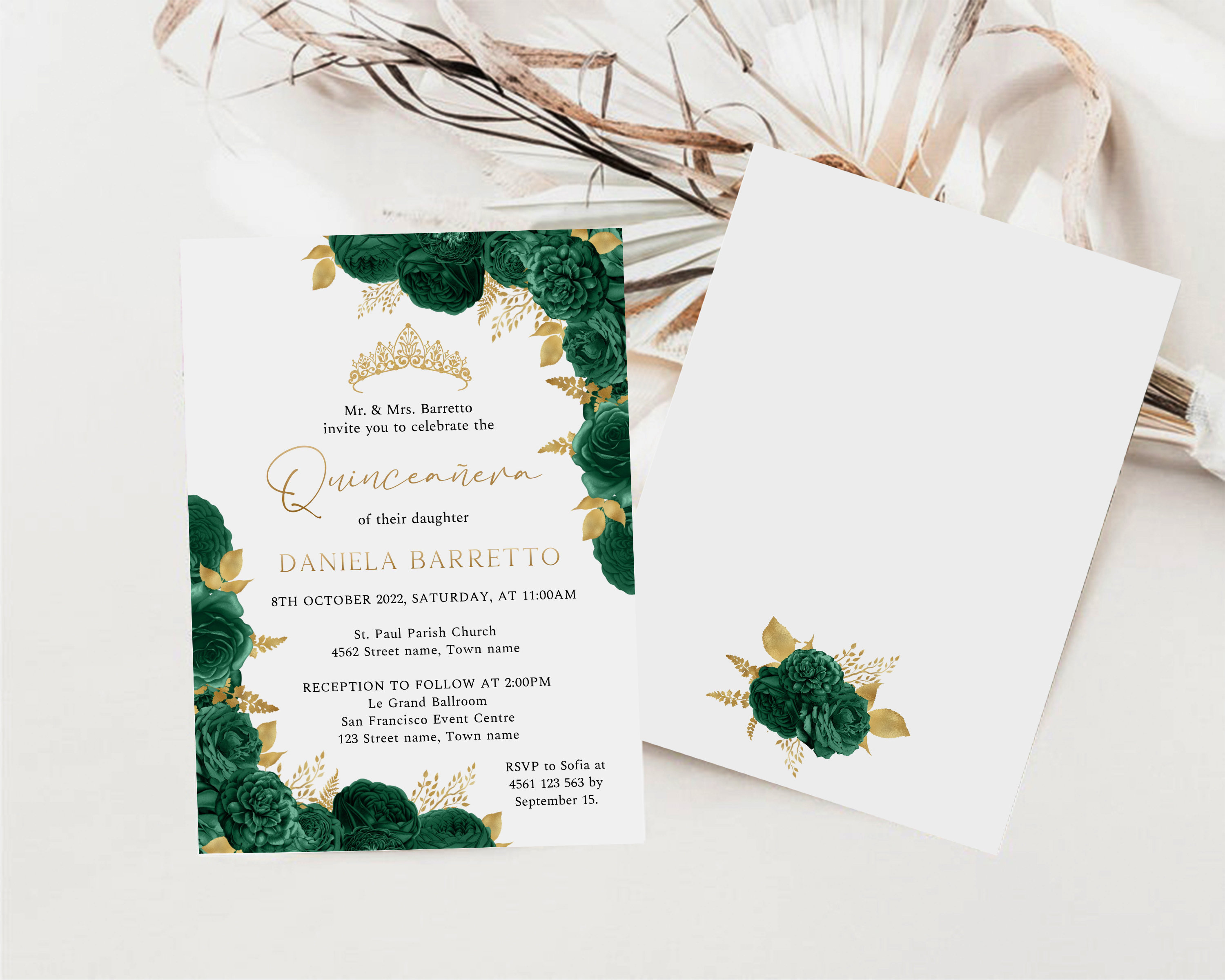 Emerald Green and Gold Quinceanera Invitation Floral Quince - Etsy