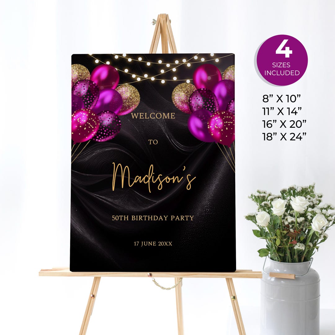 Fuchsia Magenta and Gold Balloons Welcome Sign, Birthday Welcome Poster ...