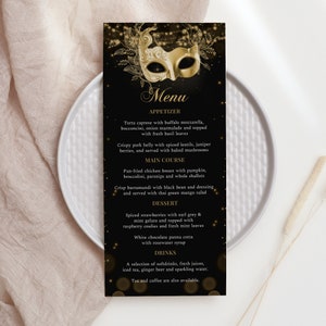 Black and Gold Masquerade Menu Template, Masquerade Prom Menu, Mardi ...