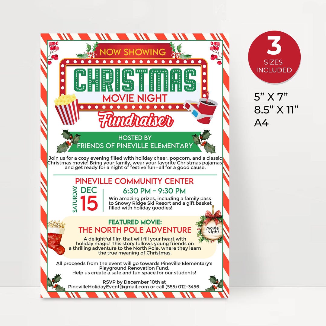 Editable Christmas Movie Night Flyer, Community Fundraiser Winter Event ...