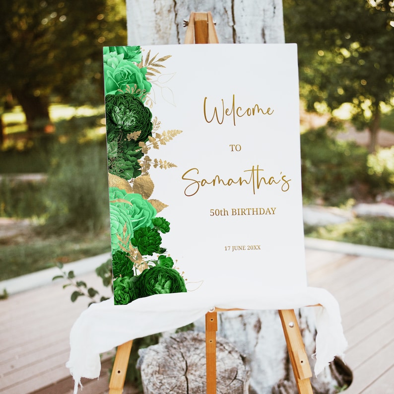 Green and Gold Floral Welcome Sign Birthday Welcome Poster - Etsy